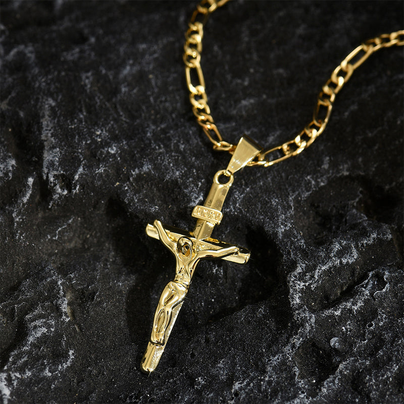 ️ Gold Crucifix Necklace – Detailed INRI Motif, Adjustable Figaro Ch ...